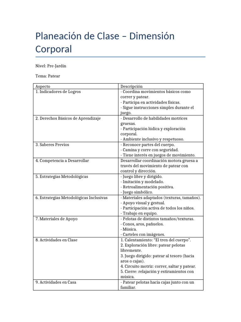 Planeacion Dimension Corporal Prejardin | PDF | Aprendizaje