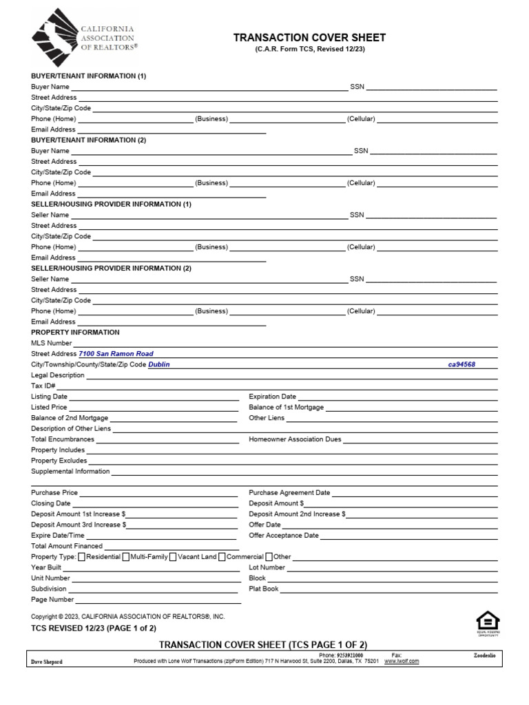 Transaction Cover Sheet - 12 - 23 | PDF | Fax | Real Estate