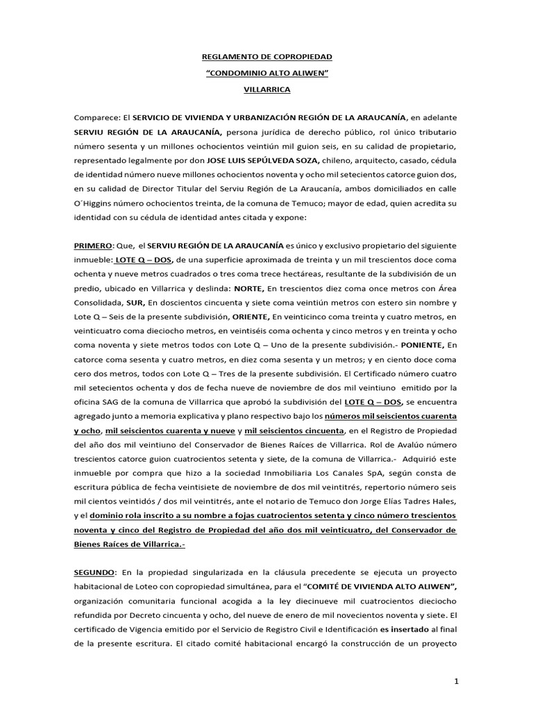REGLAMENTO COPROPIEDAD - CONDOMINIO ALTO ALIWEN - VILLARRICA v2 | PDF | Condominio | Póliza de ...