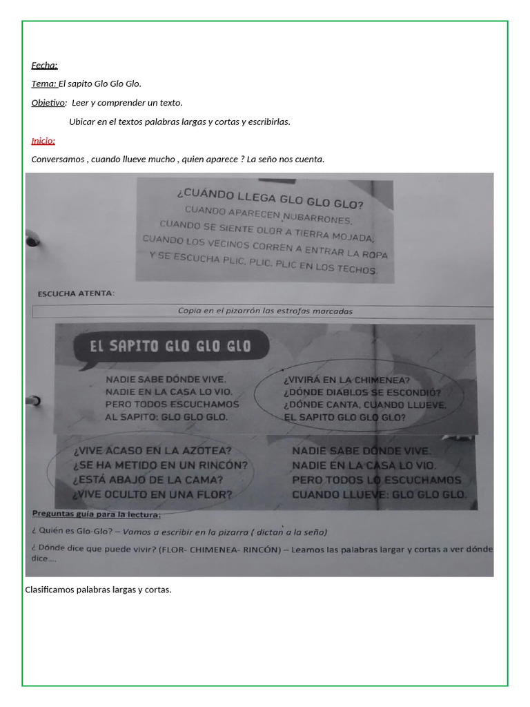 Actividades del Sapito Glo Glo Glo | PDF