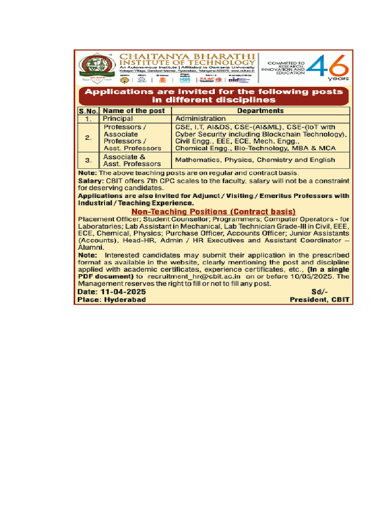CBIT Recruitment Advertisement 2025 | PDF