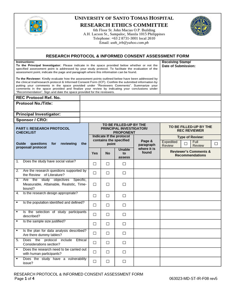 F08 Rev5 Assessment Form | PDF | Informed Consent | Risk