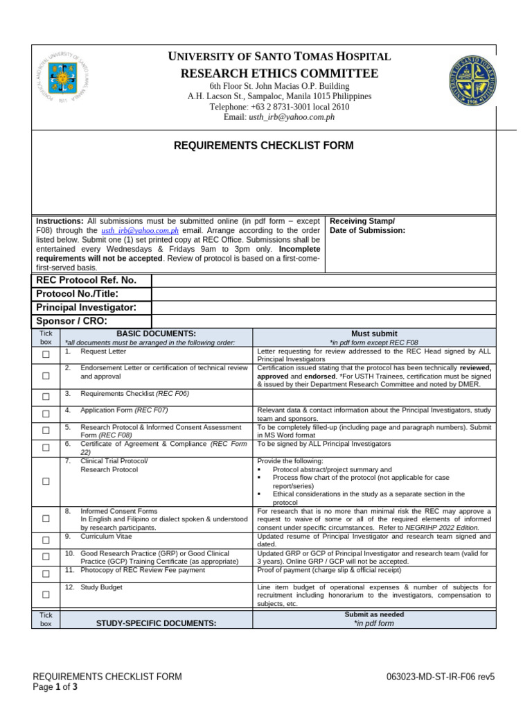 F06 Rev5 Reqmts Checklist Form | PDF | Clinical Trial
