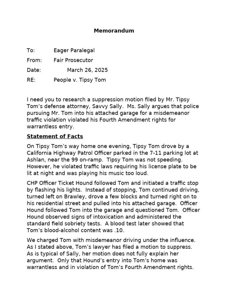 Paralegal 2A SP25 Final Assignment Memo-1 (1) | PDF | Driving Under The ...