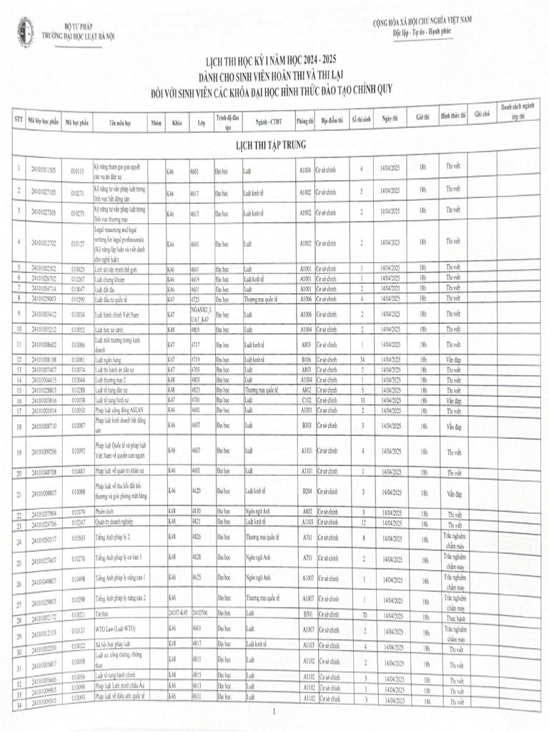 Vb1 Vb2cq Lịch Thi Lại k1 24-25 | PDF