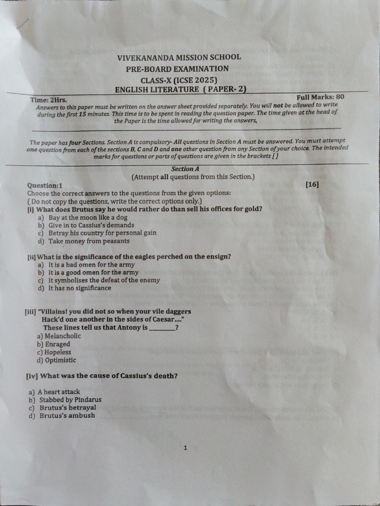 ICSE Class 10 English Literature Exam Guide | PDF | Mark Antony