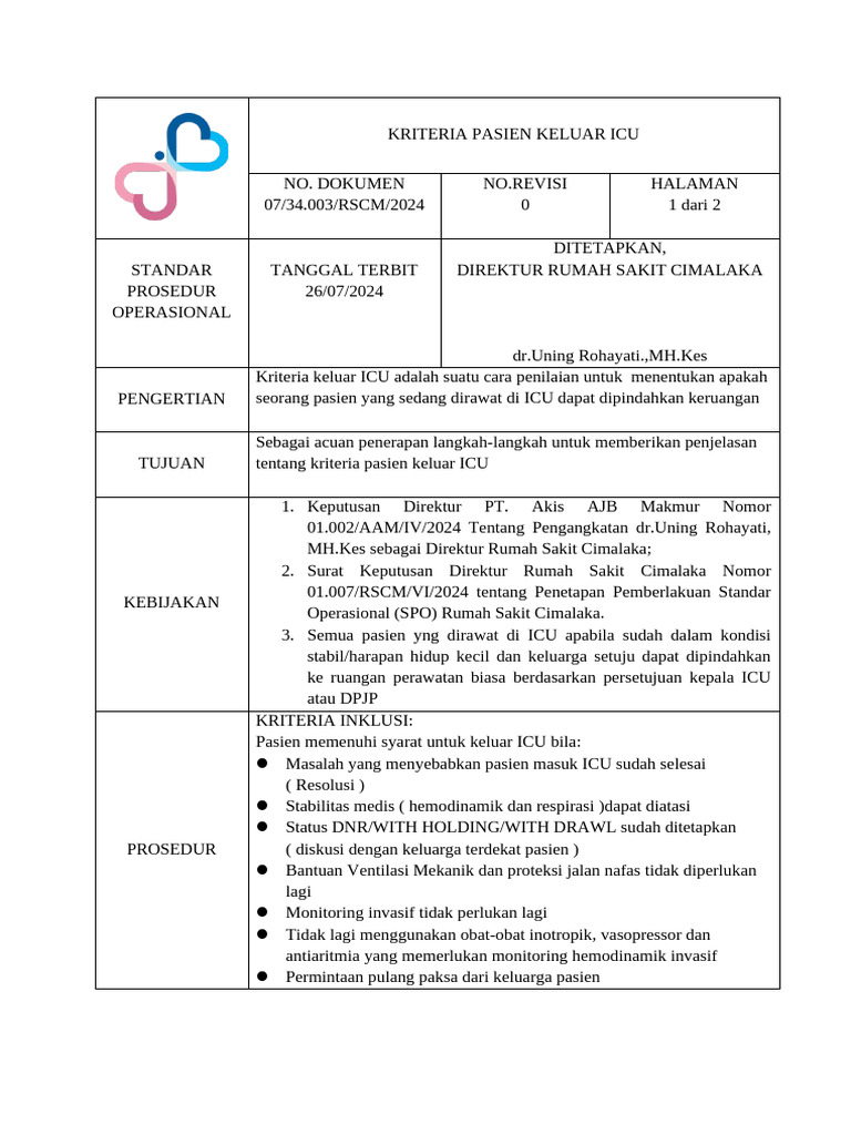Kriteria Pasien Keluar Icu | PDF