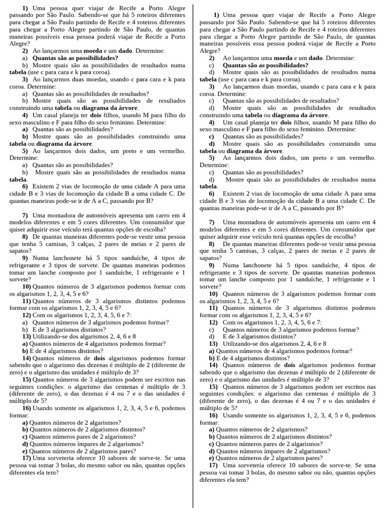 PFC Analise Combinatoria Atividades | PDF | Carro | Roupas