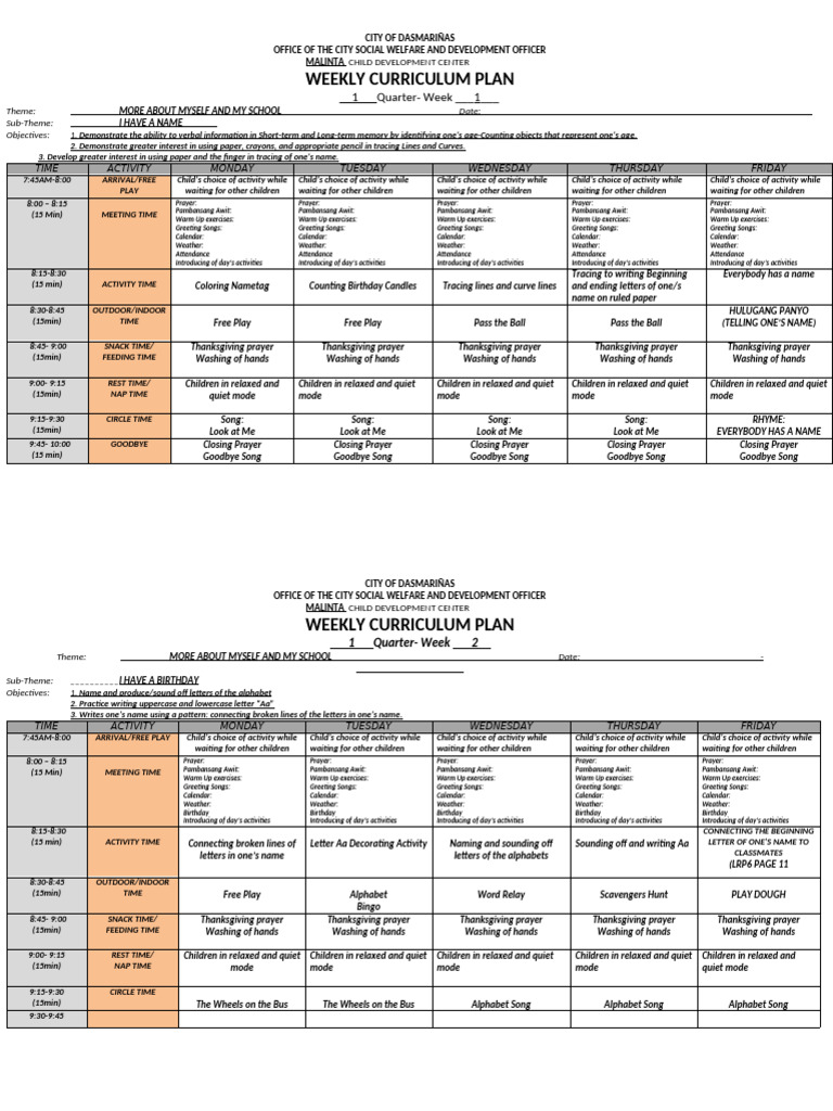 Catt. Weekly Curriculum Plan 3 | PDF
