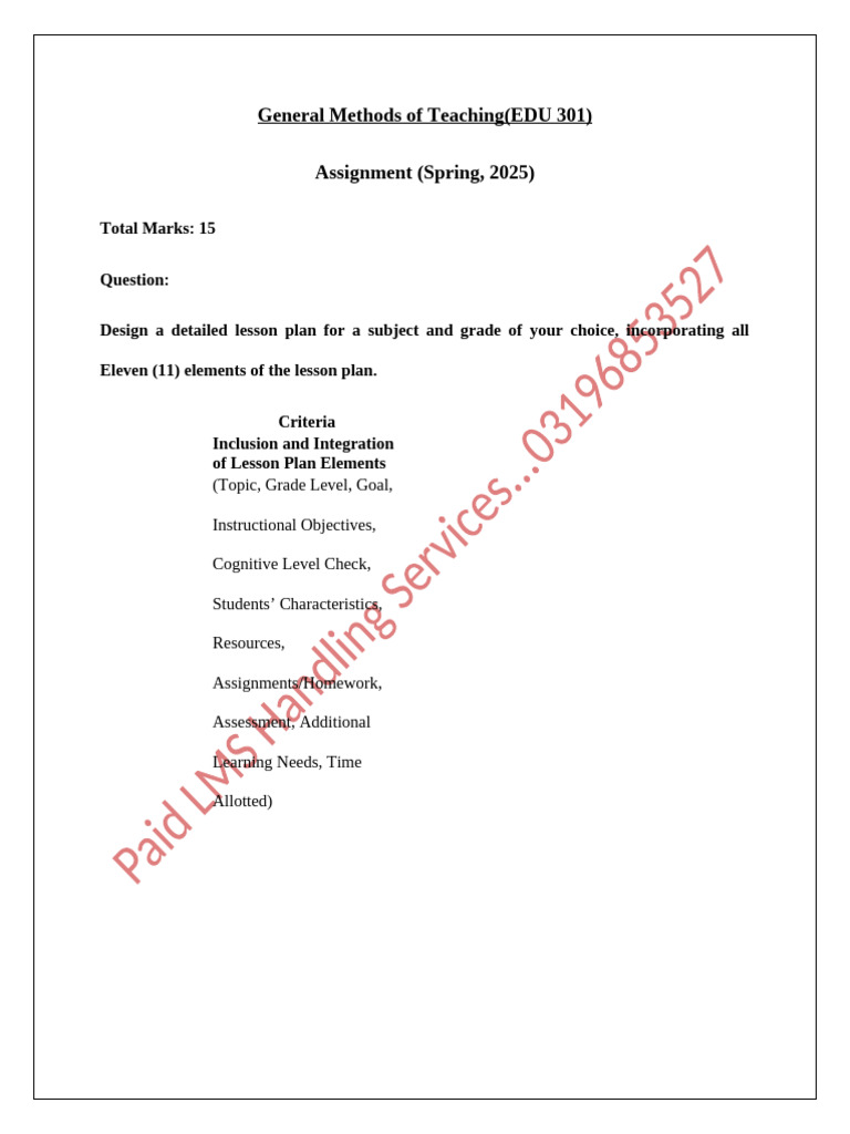 Edu301 Assignment 1 Solution 2025 (100% Plagiarism Free) | PDF | Lesson Plan | Educational ...