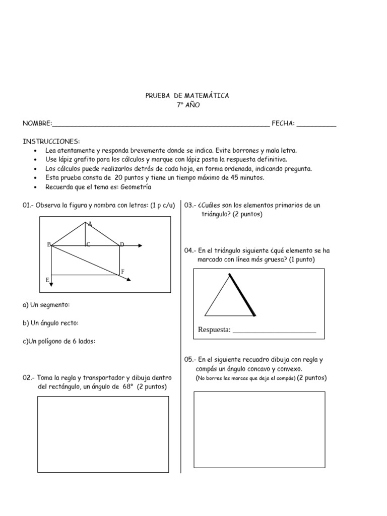 PRUEBA DE MATEMATICA 7mo | PDF | Triángulo | Formas geométricas