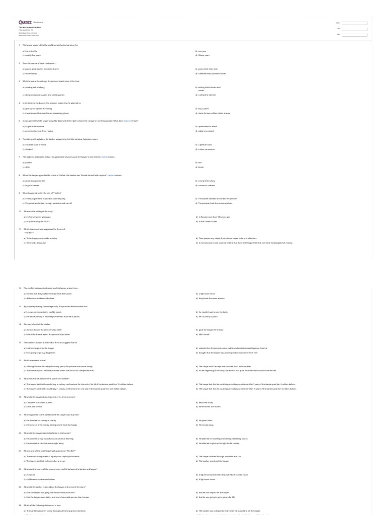 _The Bet_ by Anton Chekhov _ Quizizz | PDF