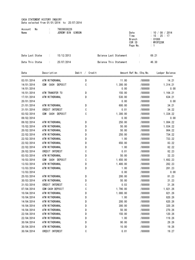 Bank Statement Sample | PDF | Automated Teller Machine | Debits And Credits