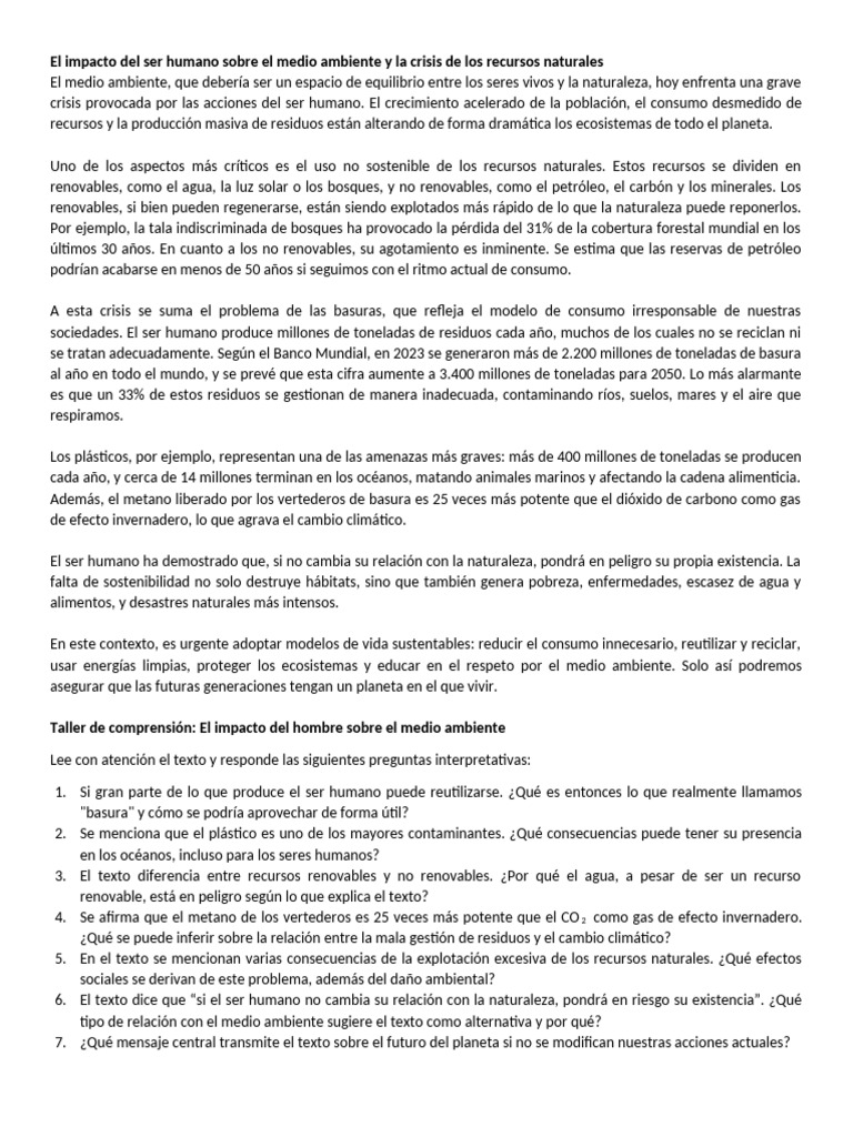 El impacto del ser humano sobre el medio ambiente y la crisis de los ...