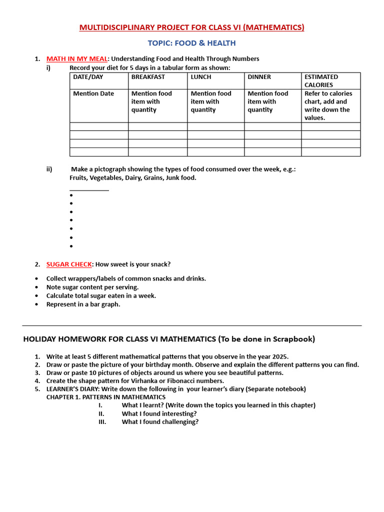 Holiday Homework For Class Vi | PDF | Meal | Foods