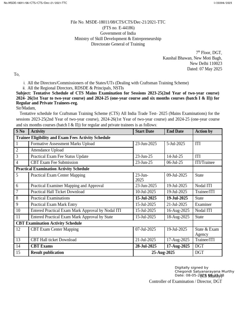 CTS Mains Examination 2025 Tentative Schedule | PDF | Educational ...