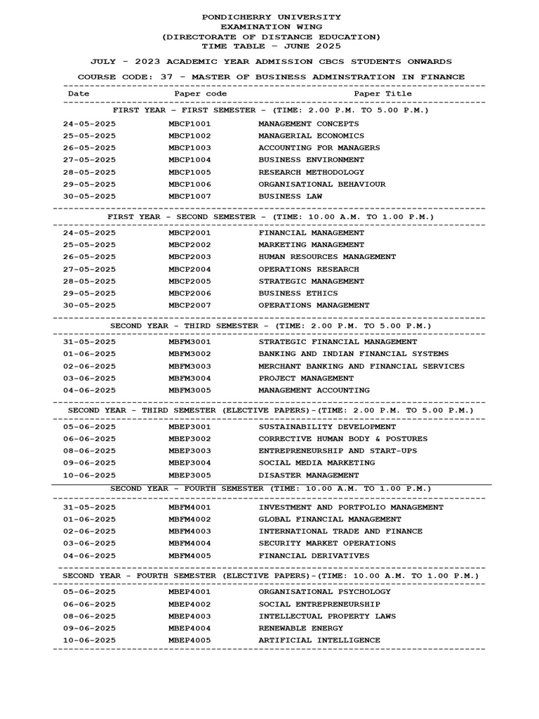 Finance June2025Exams TimeTable ForCBCSStudentsOnly | PDF | Business ...