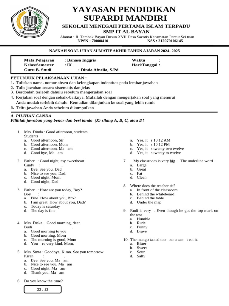 Soal Sumatif Akhir B.inggris | PDF | Camera | Cinderella