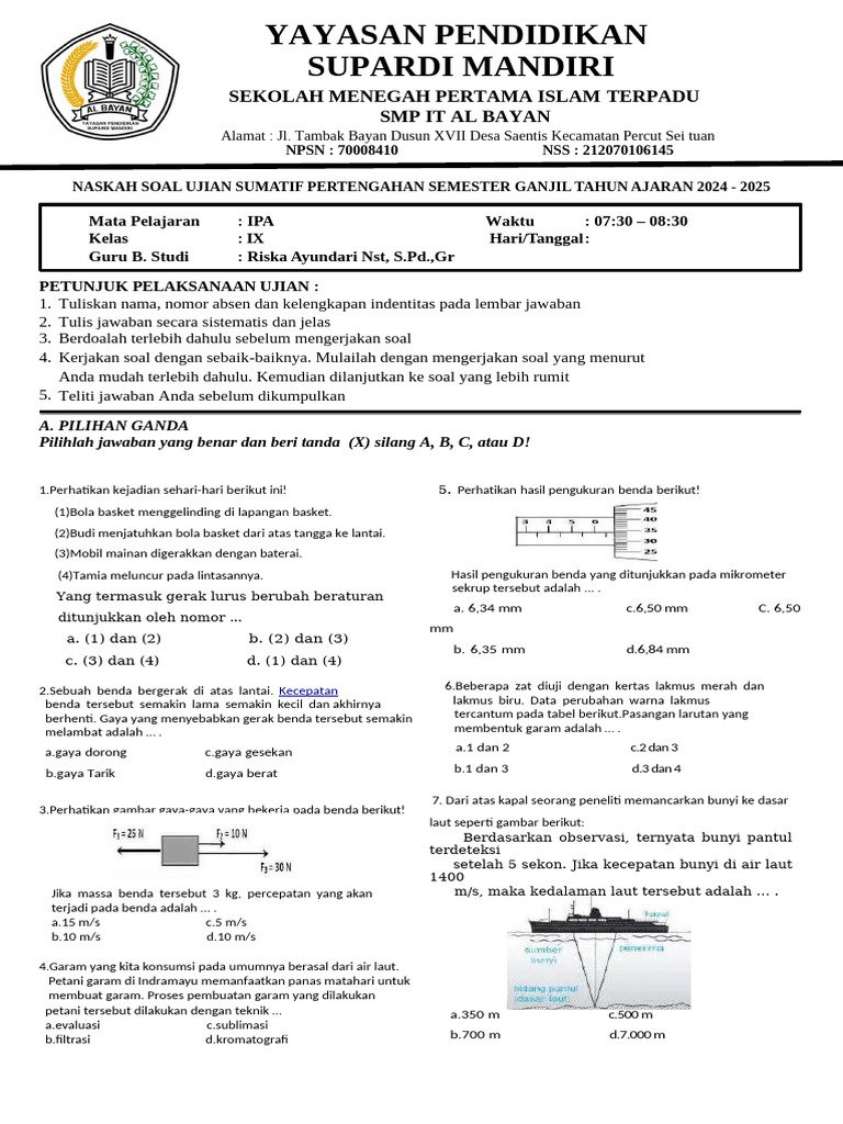SOAL UJIAN UAS Kls 99 SMP IT AL BAYAN | PDF