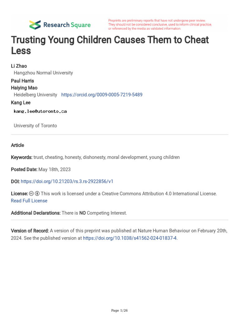 Trusting Young Children Causes Them To Cheat Less: Li Zhao Paul Harris ...
