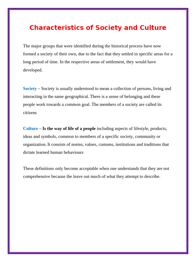 Society and Culture Characteristics Explained | PDF | Traditions ...