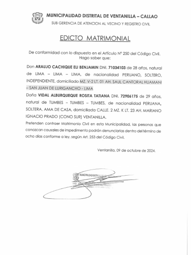 Edicto Matrimonial Araujo Cachique Eli Benjamin - Vidal Alburqueque ...