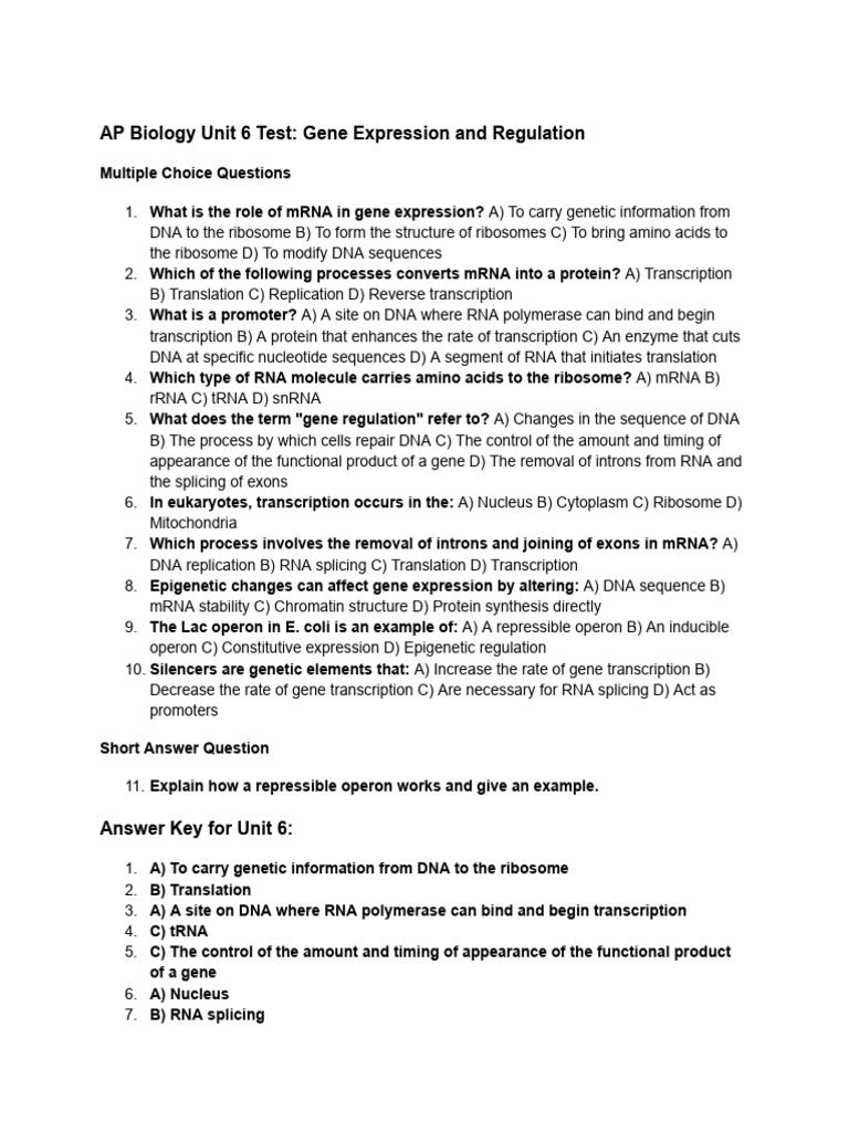 Unit 6: Gene Expression Test Answers | PDF | Operon | Rna