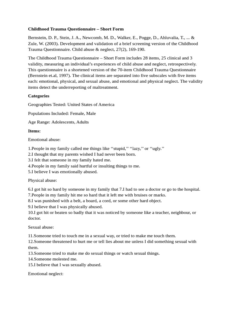 Childhood Trauma Questionnaire Short Form | PDF | Child Abuse | Youth