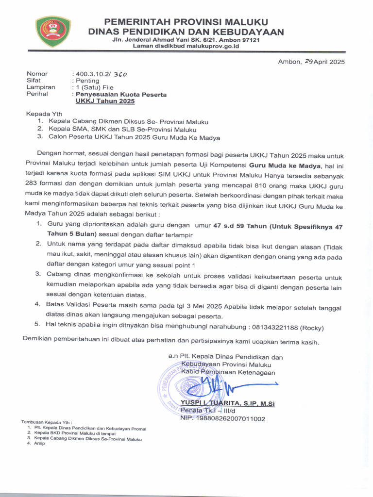 Pemberitahuan Penyesuaian Kuota UKKJ Muda Ke Madya 2025 | PDF
