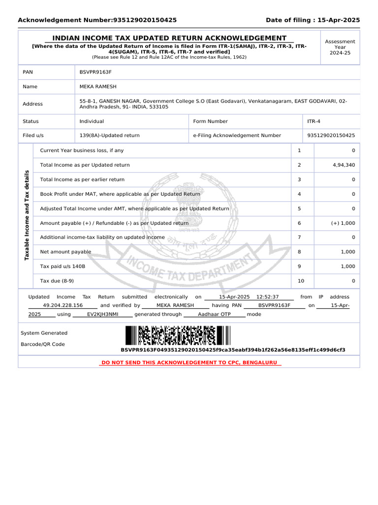 BSVPR9163F - ITR Acknowledgement - AY-24-25 | PDF | Income Tax | Public ...