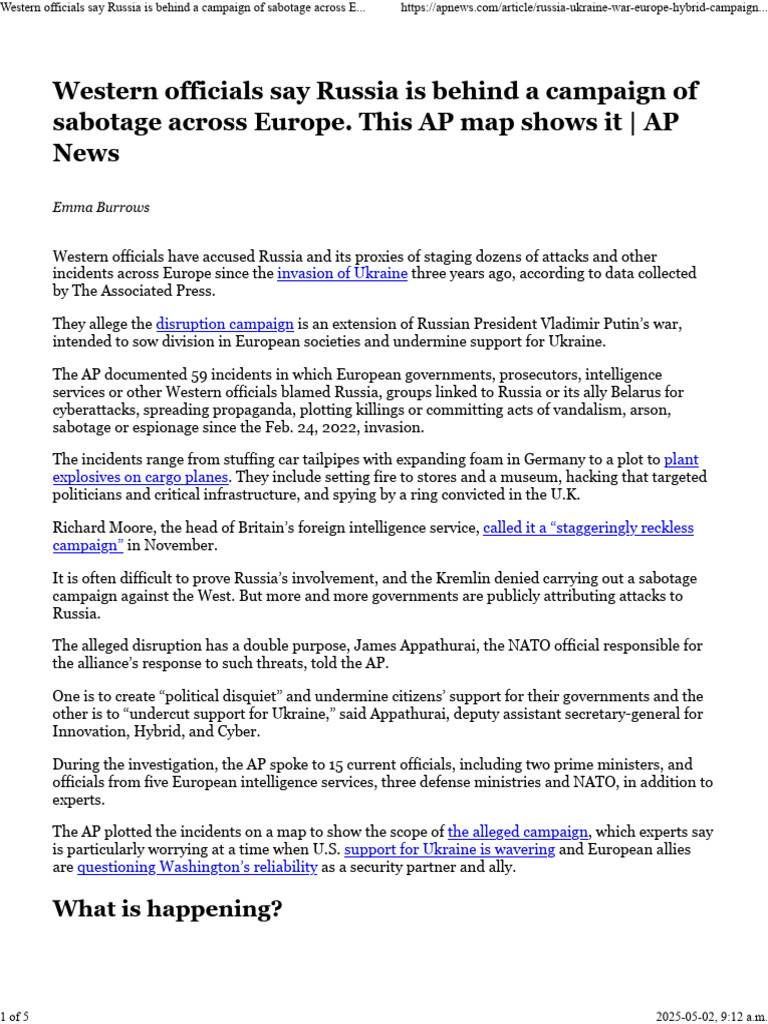 Western officials say Russia is behind a campaign of sabotage across ...