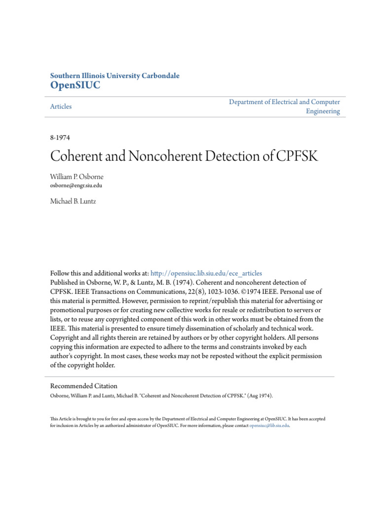 Coherent and Noncoherent Detection of CPFSK | PDF | Signal To Noise Ratio | Phase (Waves)