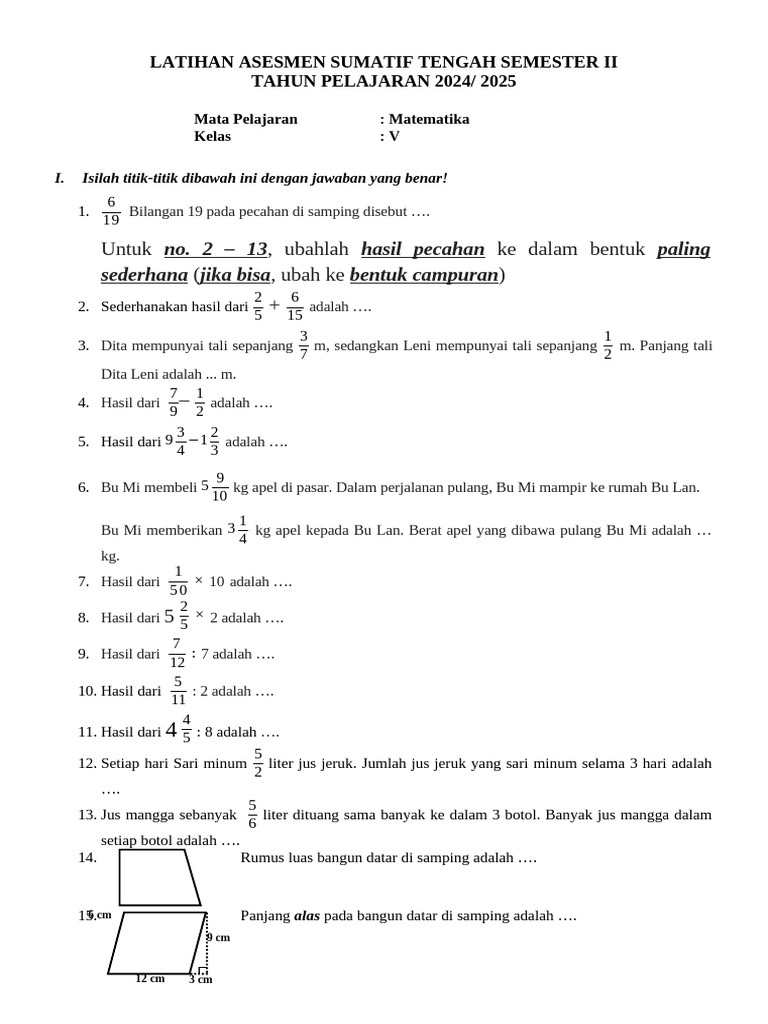 ASTS 2 MATEMATIKA 5 24-25 - latihan | PDF