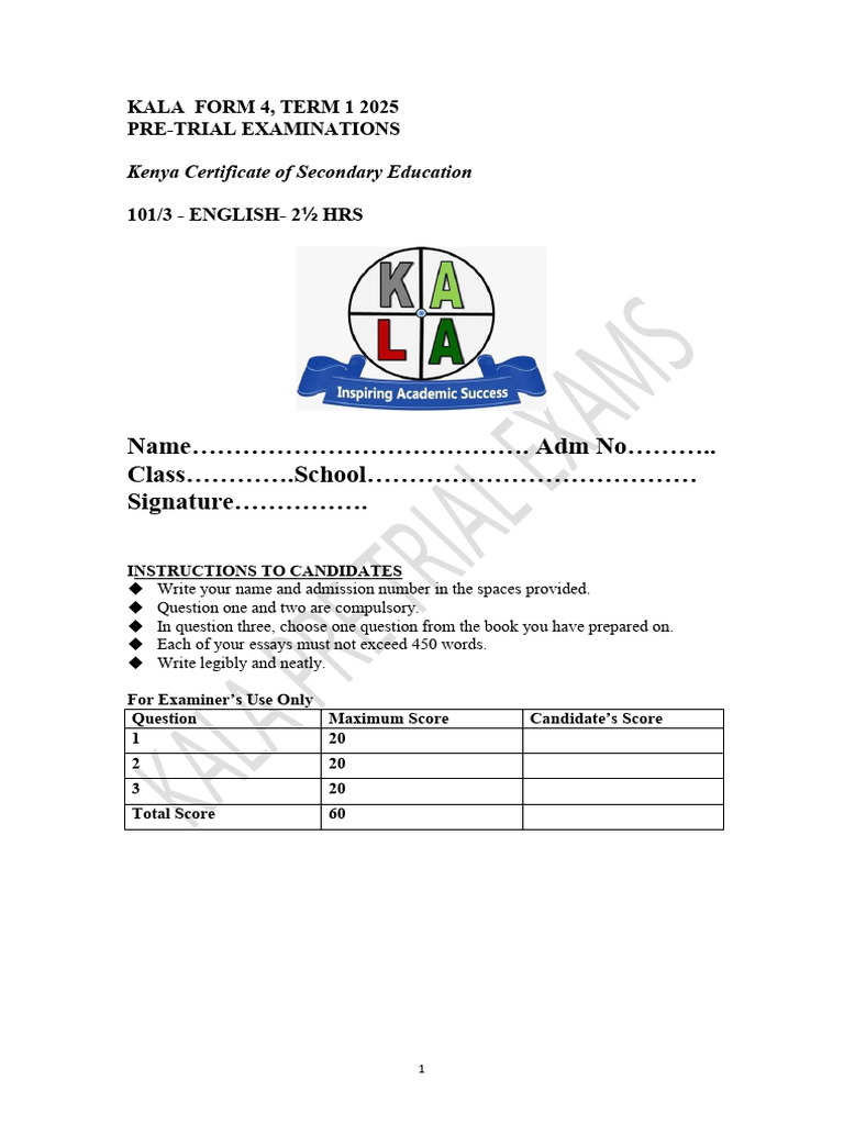 KALA Term 1 Form 4 Exam | PDF | Educational Stages | Qualifications