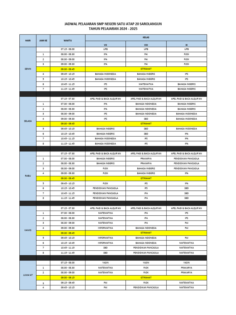 Jadwal Pelajaran SMP 2024.2025 | PDF