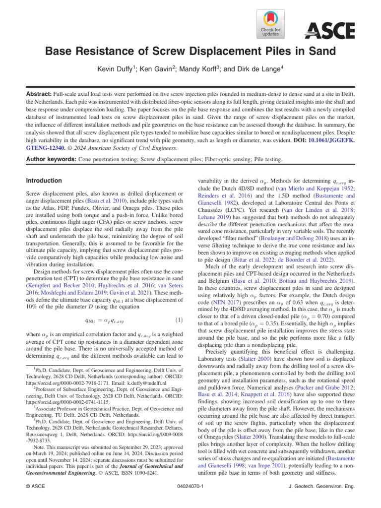 Duffy Et Al 2024 Base Resistance of Screw Displacement Piles in Sand ...