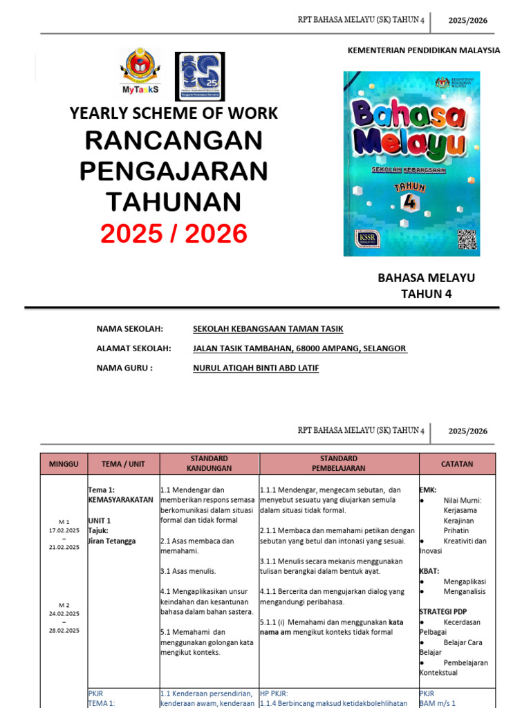 RPT BM SK TT Tahun 4 2025 2026 | PDF