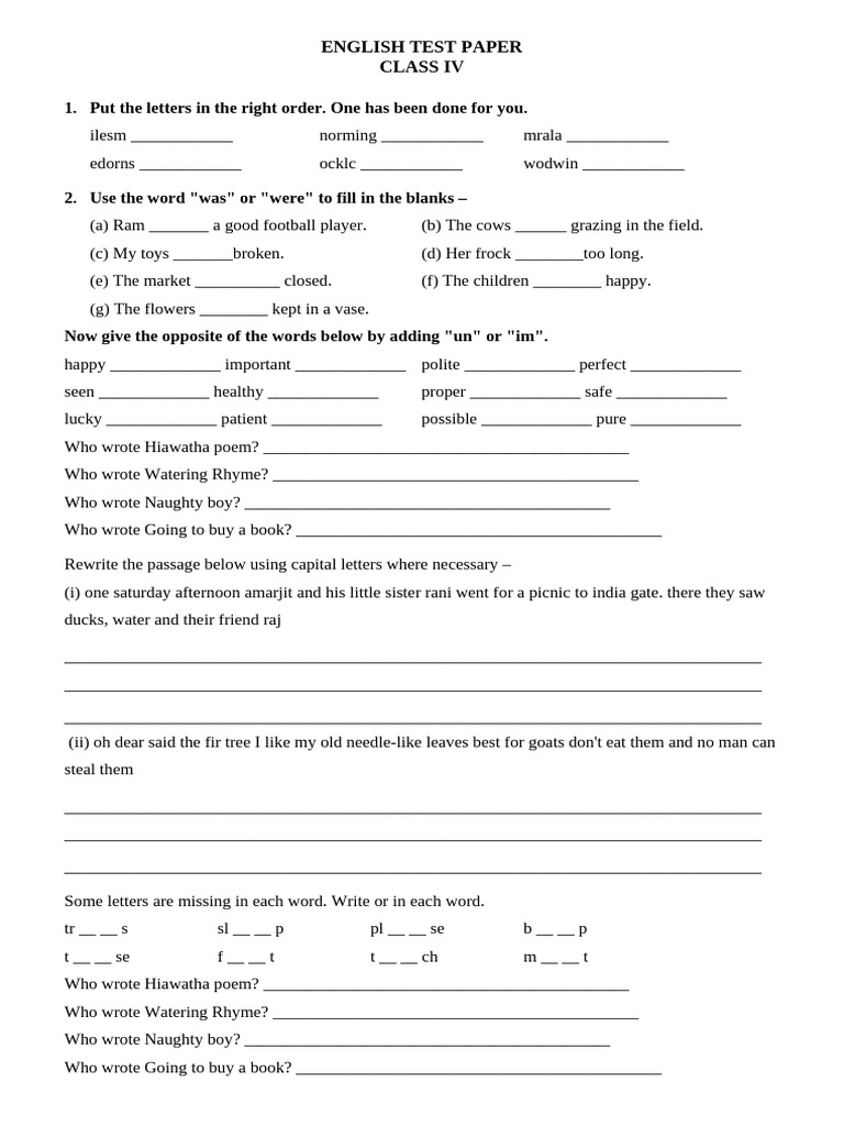 English Class IV Worksheet For See | PDF