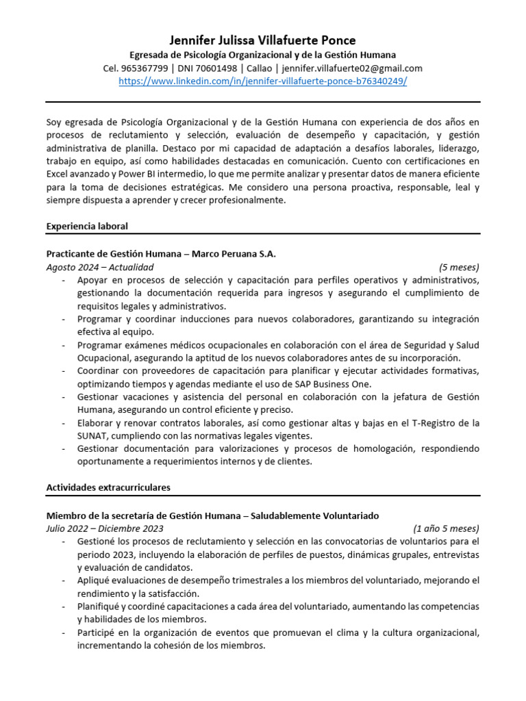 Curriculum Vitae - Jennifer Villafuerte | PDF | Psicología industrial y organizacional ...
