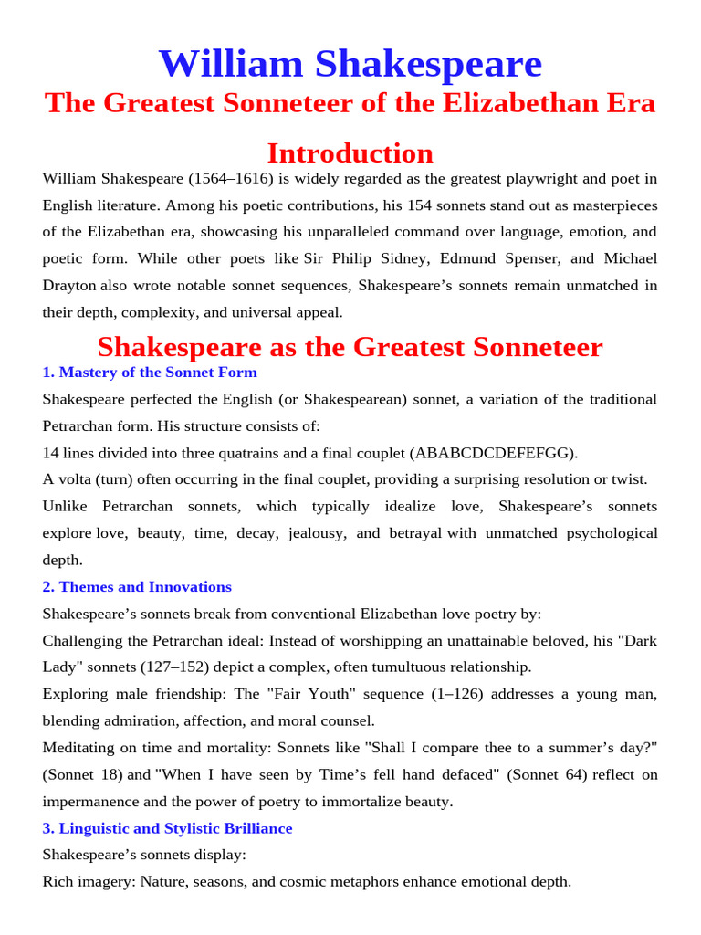 William Shakespeare As A Sonneteer | PDF | Sonnets | Shakespeare's Sonnets