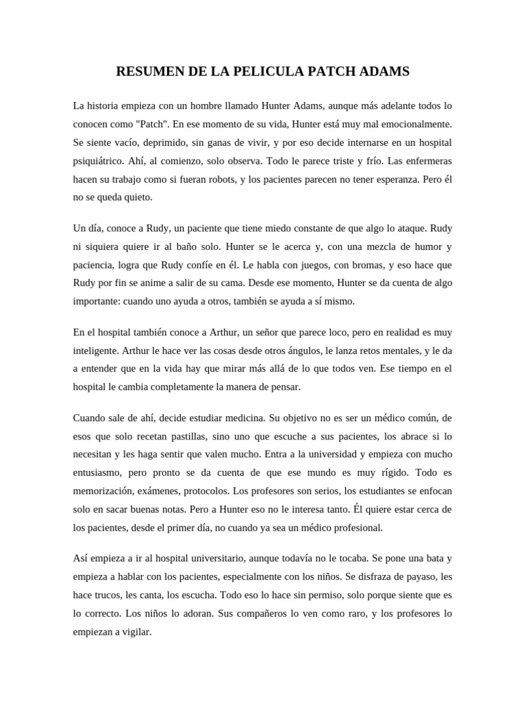 Resumen de La Pelicula Patch Adams | PDF | Las emociones | Ciencias del comportamiento