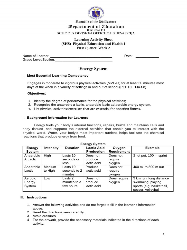 SHS LAS PE 11and Health - q1 - W2 Learners | PDF | Aerobic Exercise ...