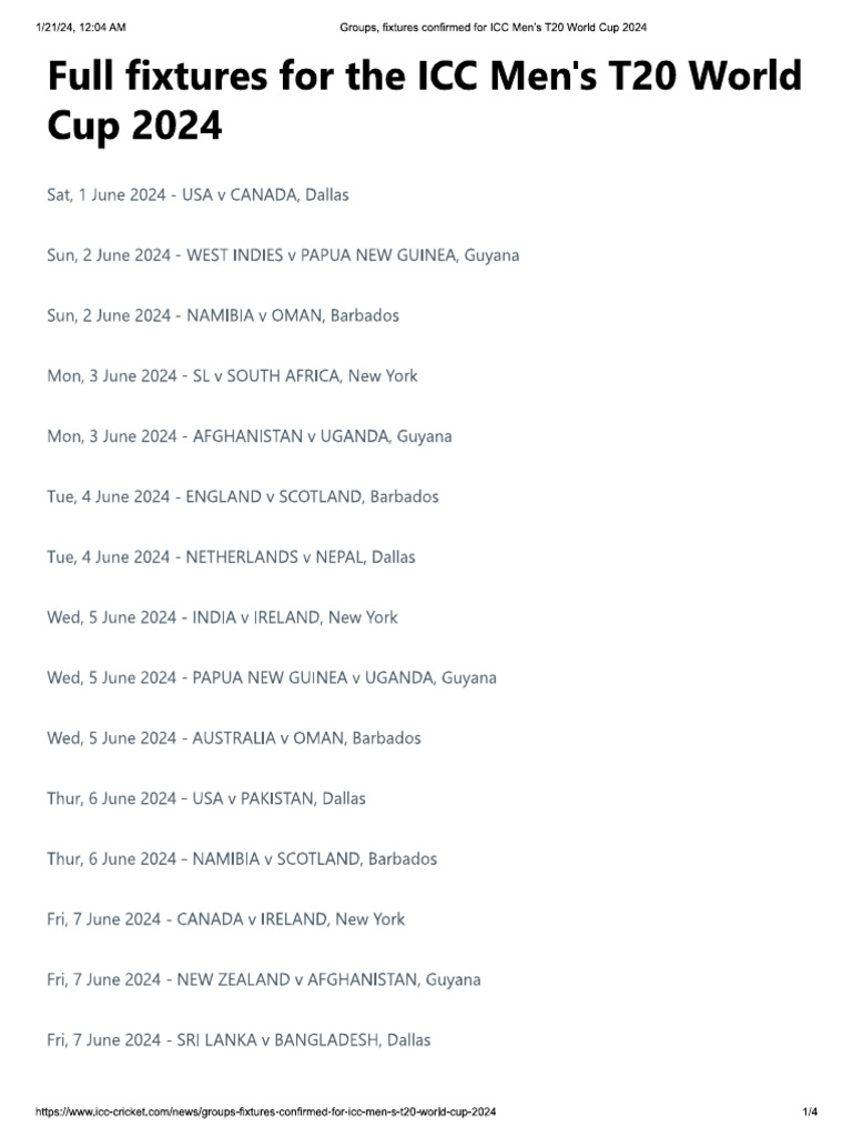 T20 WorldCup 2024 Schedule | PDF