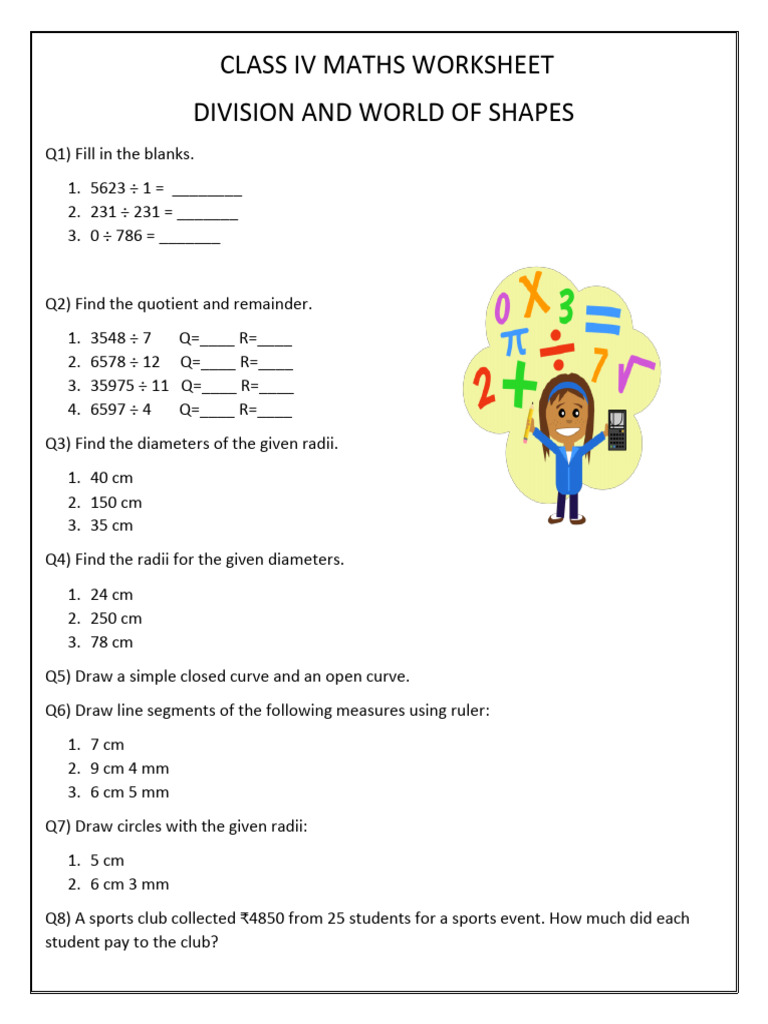 Class IV Maths Worksheet (Division&Shapes) 623 | PDF
