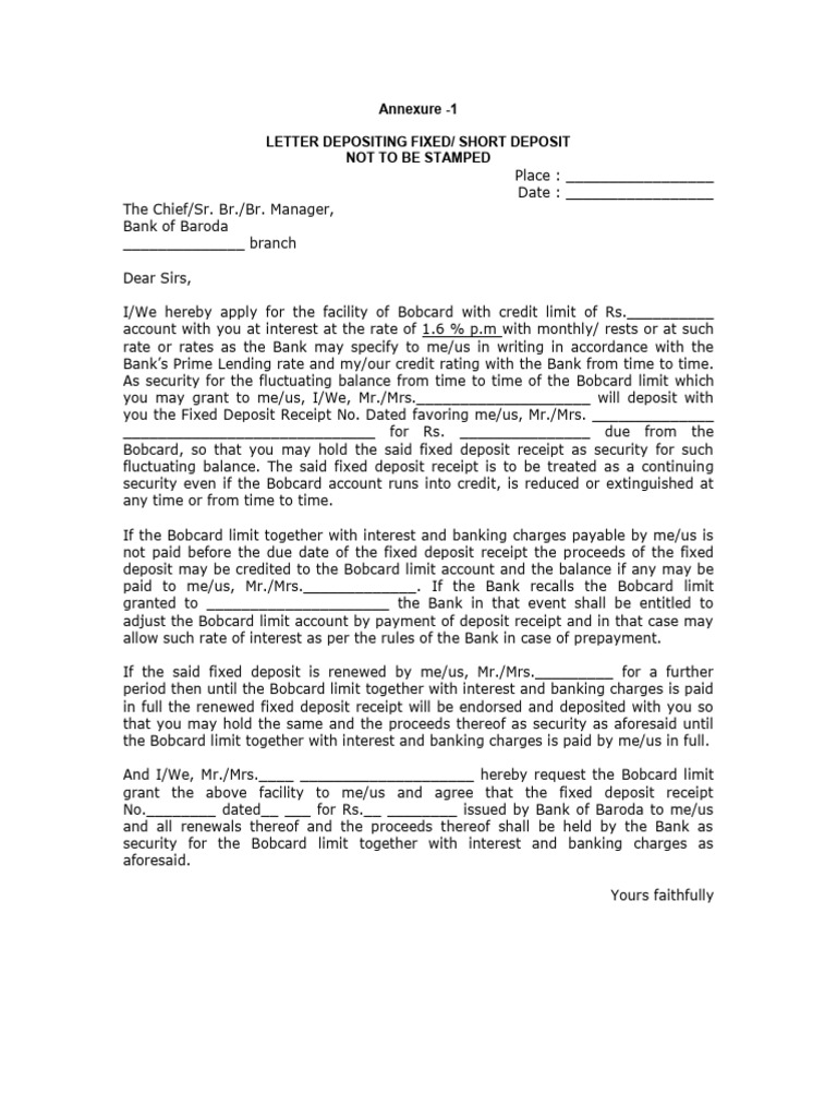 Annexure 1 LETTER DEPOSITING FIXED SHORT DEPOSIT NOT TO | PDF | Banks | Interest