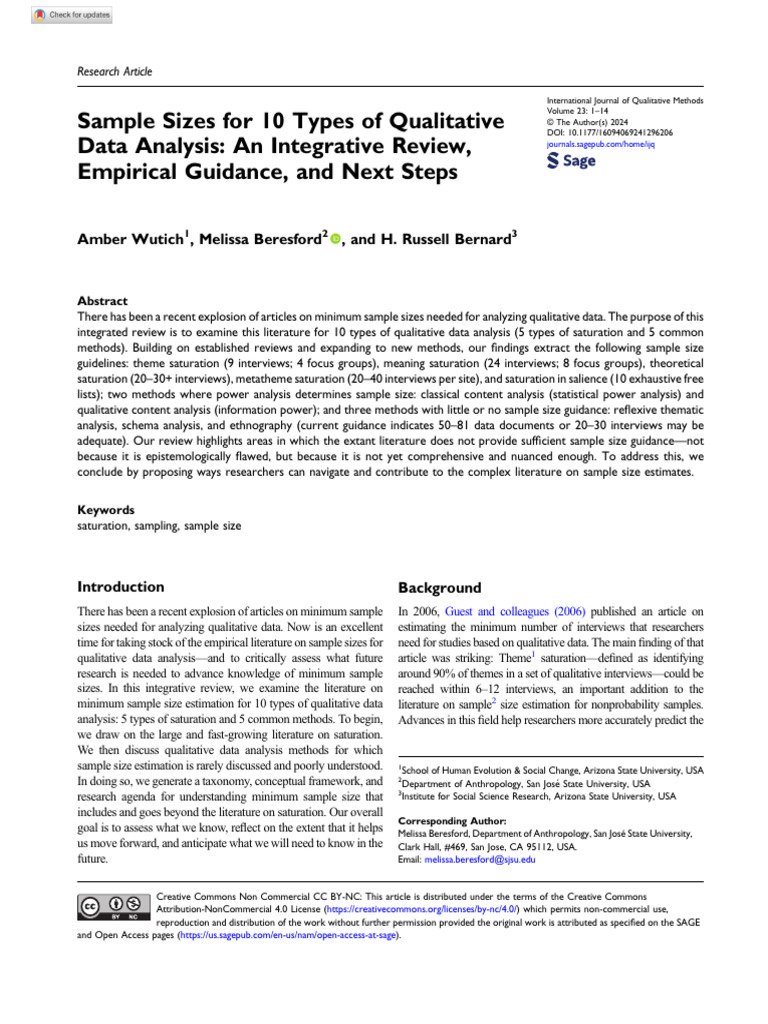 Wutich Et Al (2024) - Sample Sizes For 10 Types of Qualitative Data ...