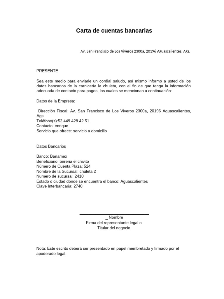 Datos Bancarios Carnicería La Chuleta | PDF