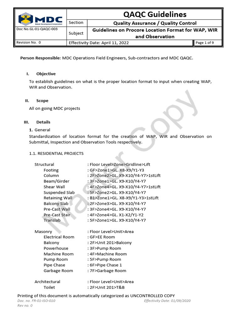 GL-01-QAQC-003-Rev.0 Guidelines On Procore Location Format For WAP, WIR ...