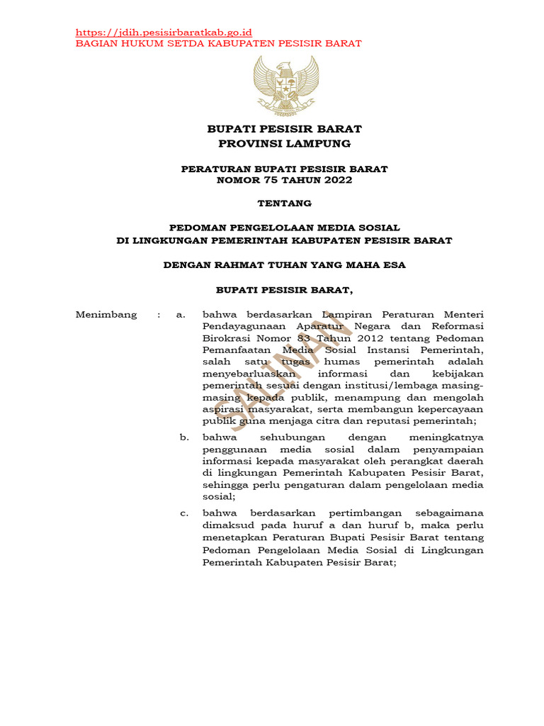 Perbup 75 Tahun 2022 Pedoman Medsos | PDF