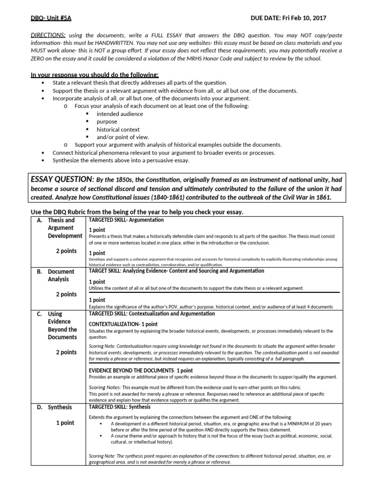 DBQ Unit 5A 1850s Prelude To Civil War | PDF | Argument | Essays